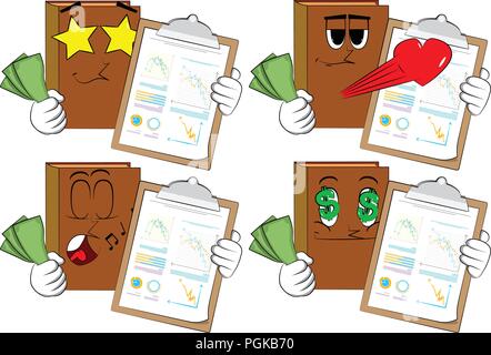 Books shows finance report and money bills. Cartoon book collection ...