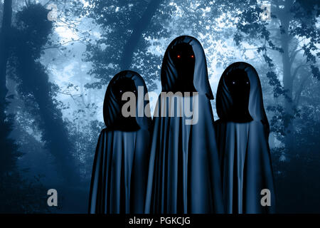 Spooky monster in hooded cloak with glowing eyes. On black background ...
