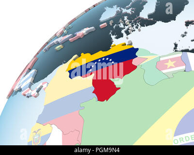Venezuela on bright political globe with embedded flag. 3D illustration ...