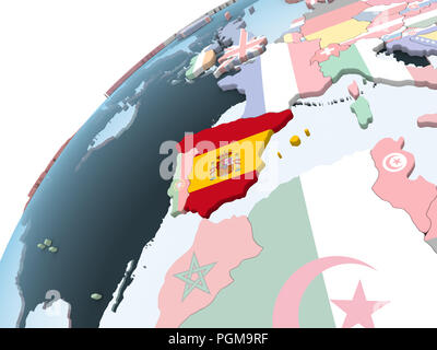 Spain on bright political globe with embedded flag. 3D illustration ...
