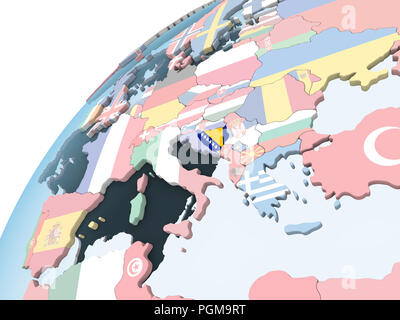 Bosnia and Herzegovina on bright political globe with embedded flag. 3D ...