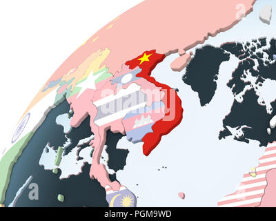 Vietnam on bright political globe with embedded flag. 3D illustration ...