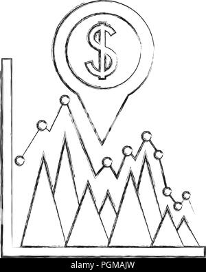 coin dollar in pin pointer location with statistical graphic vector ...