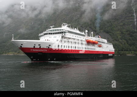 The Hurtigruten coastal ferry MS Finnmarken in Geirangerfjorden near ...