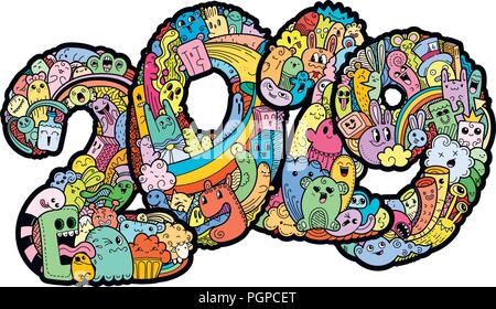 New year 2019. Monster doodle date. Ornate holiday symbol. Vector ...