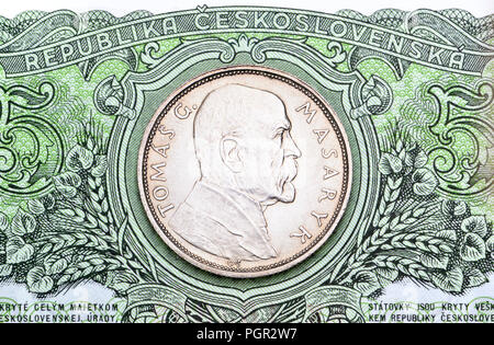 Czech coin and banknote: 1928 Tomas Masaryk coin on 1964 50Kc ...