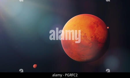 planet Mars with it moons Phobos and Deimos (3d space render, elements ...