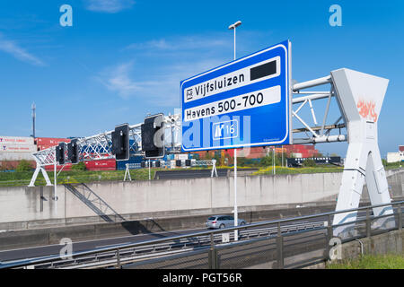 ROTTERDAM, NETHERLANDS - MAY 6, 2017: Directional highway road signs ...