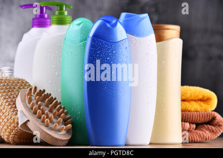 Plastic bottles of body care and beauty products Stock Photo - Alamy