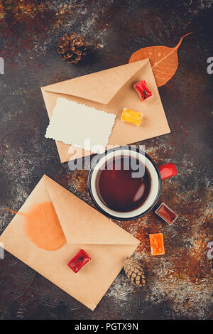 Enameled Two cups of tea in nature on wooden background, love, travel ...