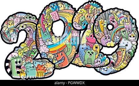 New year 2019. Monster doodle date. Ornate holiday symbol. Vector ...
