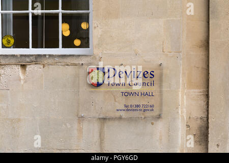 Town sign Devizes Wiltshire UK reflecting popular Kennet Avon Canal and ...
