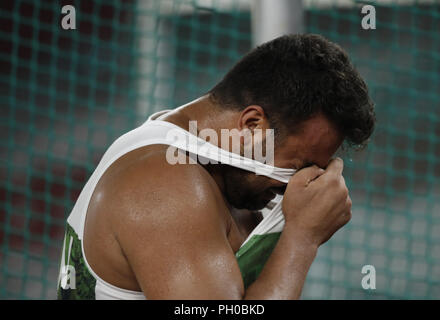 Jakarta. 29th Aug, 2018. Ehsan Hadadi of Iran reacts after men's discus ...