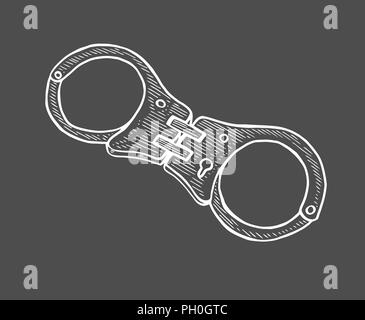 Handcuffs. Hand drawn Engraving vintage vector black. Isolated on black ...