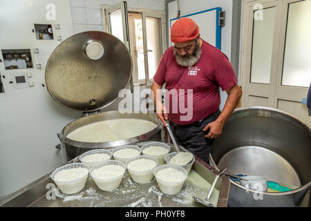 Man making ricotta cheese at cheese farm in Tuscany, Italy Stock Photo ...