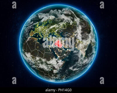 Iraq from space at night on Earth with visible country borders. 3D ...