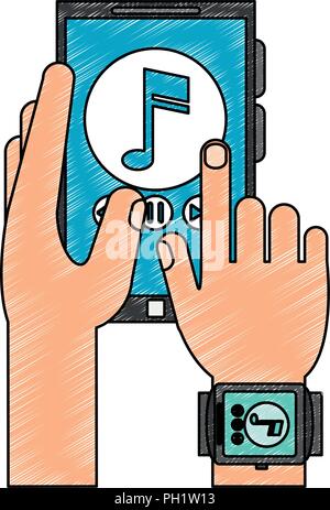 Hands using smartphone to listen music Stock Vector Image & Art - Alamy