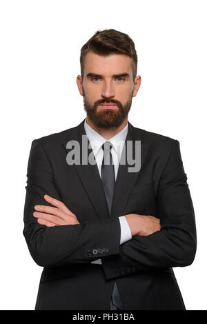 Businessman man with beard and serious face. Manager wear suit and bow ...
