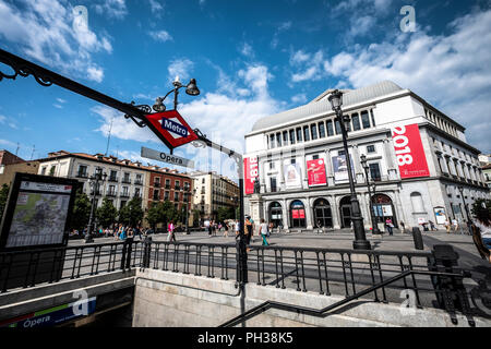 Entrance to the Ópera metro station. Plaza de Isabel II, also known as ...