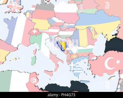 Bosnia and Herzegovina on bright political globe with embedded flag. 3D ...