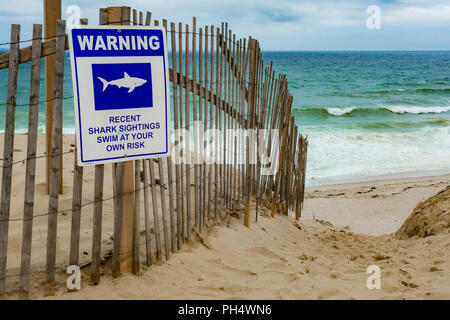 Shark warning signs on Cape Cod National Seashore Cahoon Hollow beach ...