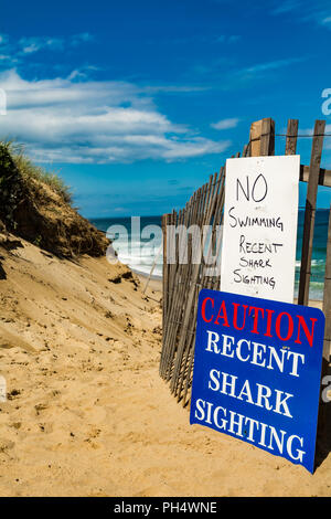 Shark warning signs on Cape Cod National Seashore Cahoon Hollow beach ...