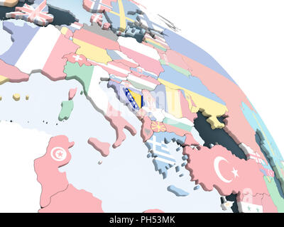 Bosnia and Herzegovina on bright political globe with embedded flag. 3D ...
