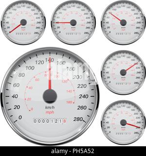Set of speedometer, speed dial indicator. Green and red, low and high ...