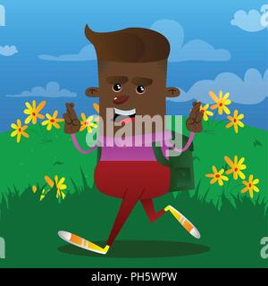 Schoolboy crossing his fingers and wishing for good luck. Vector ...