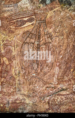 Ancient fish drawing at Ubirr Aboriginal rock art site, Kakadu National Park, Kakadu Highway ...