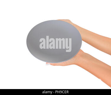 Perspective view of empty grey plate on cement background. Empty space ...