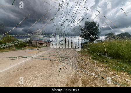 damaged glass at bus stop shelter Stock Photo - Alamy