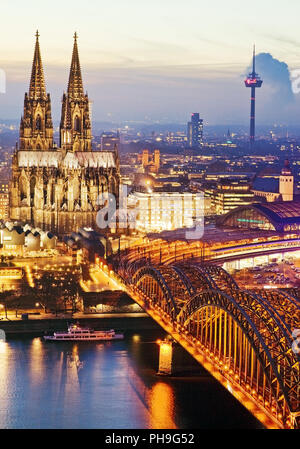 cityscape of Cologne with cathedral and brigde over Rhine, Cologne ...