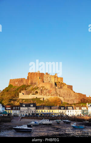 Gorey: Elevated view of Mont Orgueil Castle, village, boats, beach ...