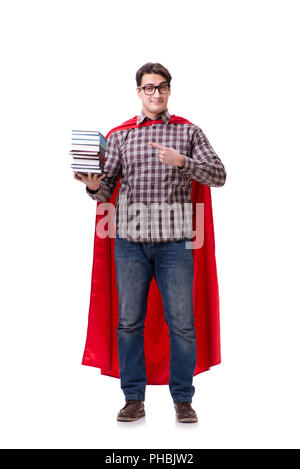 Super hero student with books isolated on white Stock Photo - Alamy