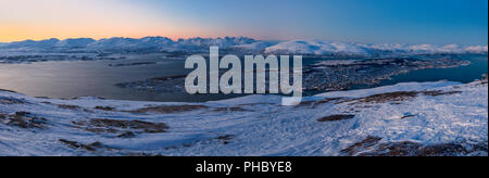 Panoramic of Troms seen from Fjellheisen at dusk, Troms county, Norway ...