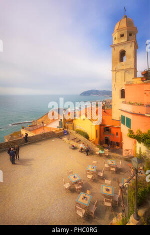 Main square with the tower bell of Cervo, Imperia province, Liguria ...