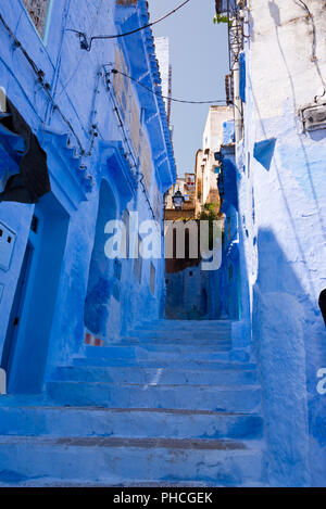 Famous stairs at moroccan alley in african Chefchaouen city in Morocco ...