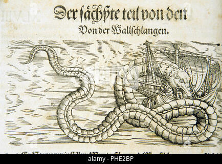 Woodcut illustration of a gigantic snake devouring a ship and men ...