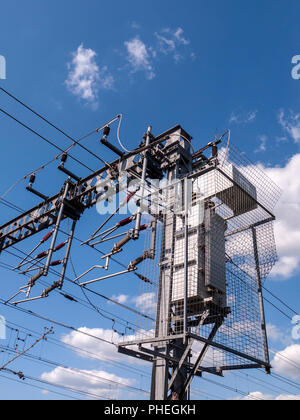 Overhead railway electricity supply wire, cantilever arm and support ...