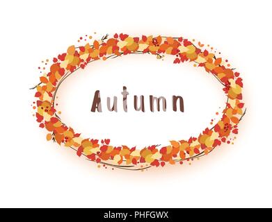Autumn word with wreath of leaves and branches isolated on white ...