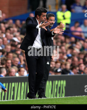 Everton manager Marco Silva (left) during the Premier League match at ...