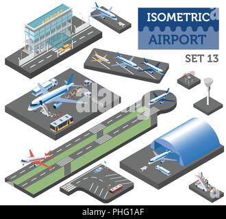 Airport infographic set with isometric boarding runway takeoff landing ...
