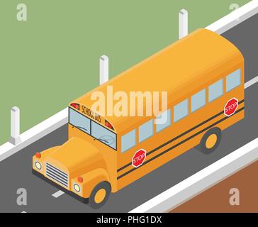 Isometric yellow school bus. Vector illustration. Object isolated on ...