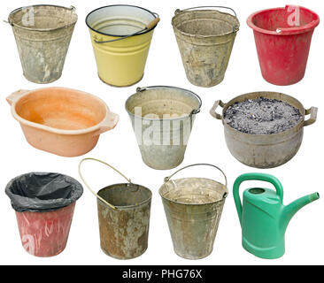 used black plastic gardening bucket waiting for spring on white ...
