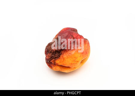 A picture of a rotten nectarine. The shape is deformed and it is ...