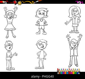 cartoon children characters coloring book page Stock Photo - Alamy