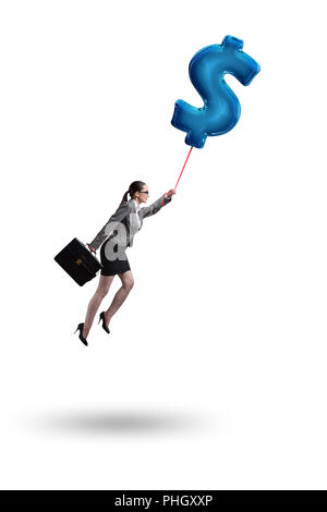 Businesswoman flying on dollar sign inflatable balloon Stock Photo - Alamy