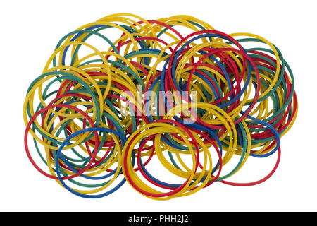 Many red rubber bands on light blue background, top view. Space for ...