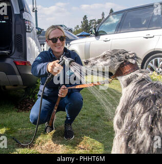 Zara Tindall demonstrates Land Rover's Portable Rinse System, which is ...